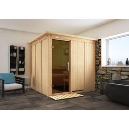 Karibu Elementsauna 'Alesia' naturbelassen mit Kranz und graphitfarbener Tür 9 kW Ofen integrierte Steuerung 210 x 210 x 202 cm