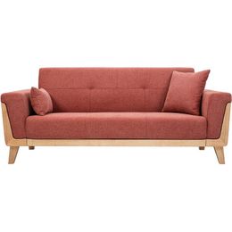 Miliboo Skandinavisches Sofa aus terracottafarbenem Stoff mit Samteffekt und hellem Holz 3-Sitzer fjord - Terra Cotta