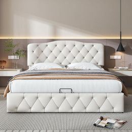 Gepolstertes Doppelbett, Bett mit hydraulischer Funktion, höhenverstellbares Kopfteil, Kunstleder, 140 x 200, weiß