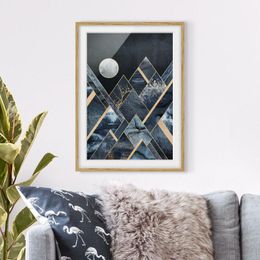 MICASIA - Bild mit Rahmen - Goldener Mond abstrakte schwarze Berge Größe HxB: 24cm x 18cm, Rahmen: Eiche