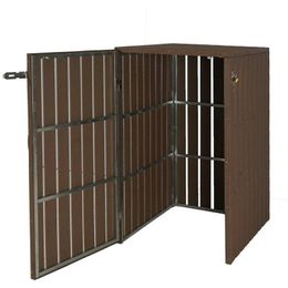 Xl 1er-/2er-WPC-Mülltonnenverkleidung HHG 978, Mülltonnenbox, Metall Holzoptik, erweiterbar braun - brown