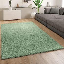 Teppich Wohnzimmer Hochflor Schlichtes Einfarbiges Design Modern Unifarben Grün 60x100 cm - Paco Home
