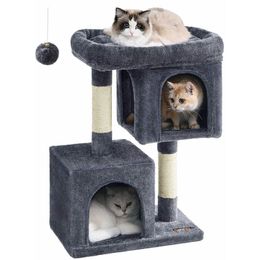 Songmics Feandrea Kratzbaum, 74 cm Katzenbaum, m, Katzenhaus für mittelgroße Katzen bis zu 5 kg, große Plattform, 2 Katzenhöhlen, Sisalstämme, rauchgrau
