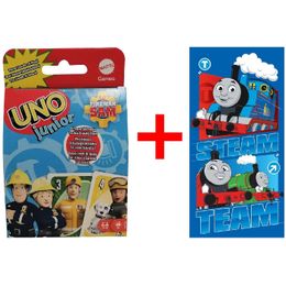 Mattel® Spiel, 2er-Set Mattel Games HFC80 Uno Junior Feuerwehrmann Sam 56 Spielkarten