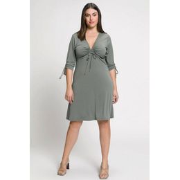 Ulla Popken Jerseykleid Midikleid A-Linie V-Ausschnitt Raffbänder 3/4-Arm