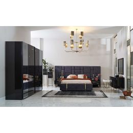 JVmoebel Schlafzimmer-Set Luxus Doppelbett Bettrahmen Schlafzimmer Holz Set 6tlg Schwarz Design