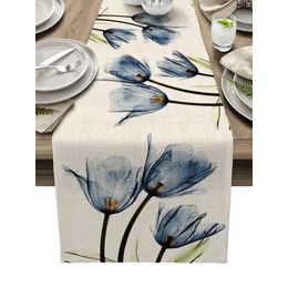 FELIXLEO Tischläufer Tischläufer Blau Blumen Modern Wohnzimmer Tulpen rutschfest 33x183cm