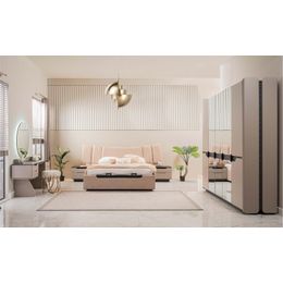 JVmoebel Schlafzimmer-Set Doppelbett Komplette Bett Schlafzimmer Modern Beige Set 6tlg Schrank