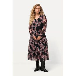 Ulla Popken Jerseykleid Midikleid doppellagig Blumen V-Ausschnitt Langarm