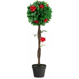 GOPLUS 94cm Künstlicher Kamelienbaum, Kunstpflanzen im Topf mit natürlichen blättern und Kamelie, Kunstlicher Dekopflanze für Indoor & Outdoor
