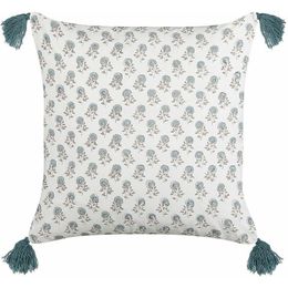 Beliani - Dekokissen Weiß und Blau Baumwolle 45 x 45 cm Bezug mit Füllung Reißverschluss Quasten Blumenmuster Boho Wohnzimmer Schlafzimmer Deko für