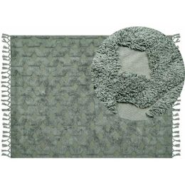 Beliani Teppich Grün Baumwolle 140 x 200 cm Rechteckig Geometrisches Muster Boho mit Fransen Boho Fußbodenheizug Geeignet Wohnzimmer Schlafzimmer - Grün