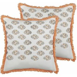 Beliani - Dekokissen 2er Set Weiß und Orange Baumwolle 45 x 45 cm Bezug mit Füllung Reißverschluss Fransen Blumenmuster Boho Wohnzimmer Schlafzimmer