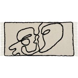 Beliani Teppich Beige Baumwolle 80 x 150 cm Rechteckig Läufer Abstraktes Gesichtsmotiv mit Fransen Boho Fußbodenheizug Geeignet Wohnzimmer Schlafzimmer