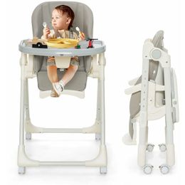 Costway Babyhochstuhl mit 4 Rädern klappbar, Babystuhl mit abnehmbarem Tablett & PU-Kissen, verstellbarer Essstuhl, 6 Höhen, 5 Liegepositionen für 6-36