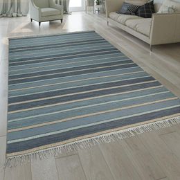 Natur Teppich Wolle Modern Handgewebt Gestreift Kelim Design Fransen Blau Beige 80x150 cm - Paco Home