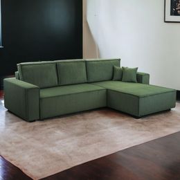 Wohnlandschaft Ecksofa Dark Green Genf Cord XL mit Bett Kopfteilverstellung Bett Sofa Schlafsofa Ott