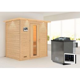 Karibu Sauna "Sonja" mit Energiespartür und Kranz Ofen 9 kW Bio externe Strg modern, BxTxH: 224 x 160 x 202 cm, 38 mm, beige