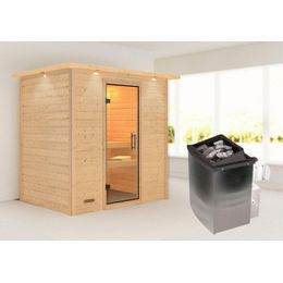 Karibu Sauna "Sonja" mit Klarglastür und Kranz Ofen 9 kW integr. Strg, BxTxH: 224 x 160 x 202 cm, 38 mm, beige