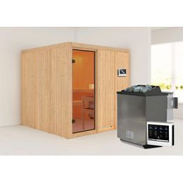 Karibu Sauna "Ouno" mit bronzierter Tür naturbelassen, Ofen 9 kW Bio mit ext. Strg., BxTxH: 196 x 196 x 198 cm, 68 mm, beige