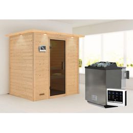 Karibu Sauna "Sonja" mit graphitfarbener Tür und Kranz Ofen 9 kW Bio externe Strg, BxTxH: 224 x 160 x 202 cm, 38 mm, beige