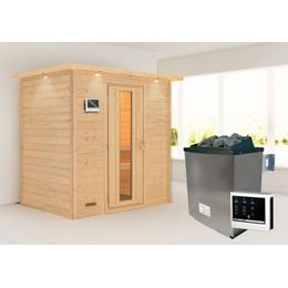 Karibu Sauna "Sonja" mit Energiespartür und Kranz Ofen 9 KW externe Strg modern, BxTxH: 224 x 160 x 202 cm, 38 mm, beige