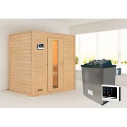 Karibu Sauna "Sonja" mit Energiespartür 2 Ofen 9 KW externe Strg modern, BxTxH: 196 x 146 x 198 cm, 38 mm, beige