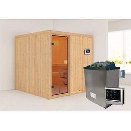 Karibu Sauna "Ouno" mit bronzierter Tür SET naturbelassen mit Ofen 9 kW ext. Strg., BxTxH: 196 x 196 x 198 cm, 68 mm, beige