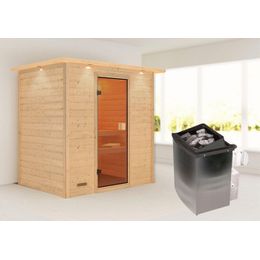 Karibu Sauna "Sonja" mit bronzierter Tür und Kranz Ofen 9 KW integr. Strg, BxTxH: 224 x 160 x 202 cm, 38 mm, beige