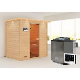 Karibu Sauna "Sonja" mit bronzierter Tür und Kranz Ofen 9 kW Bio externe Strg, BxTxH: 224 x 160 x 202 cm, 38 mm, beige