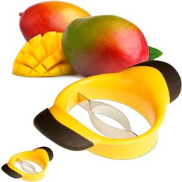 Relaxdays 2 x Mangoschneider, Mango teilen & entkernen, rutschfester Griff, Edelstahl-Klinge, Mango Slicer, schwarz-gelb