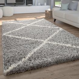 Paco Home - Hochflor Teppich Wohnzimmer Shaggy Langflor Skandinavisches Rauten Muster 80x150 cm, Grau