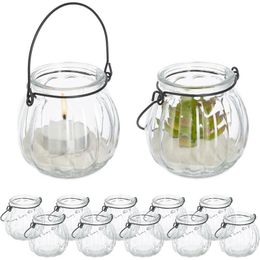 Windlicht Glas, 12er Set, Teelichthalter mit Henkel, h x d: 7,5 x 8 cm, rundes Kerzenglas, transparent - Relaxdays