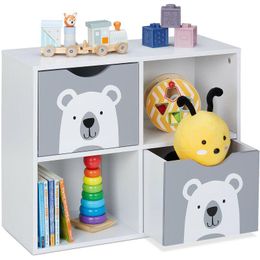 Kinderregal Bär, 2 Schubladen, 2 offene Fächer, h x b x t: 48 x 60 x 24,5 cm, Bücherregal Kinder, weiß/grau - Relaxdays
