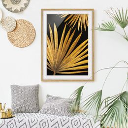 MICASIA Bild mit Rahmen - Gold - Palmenblatt auf Schwarz Größe HxB: 40cm x 30cm, Rahmen: Eiche