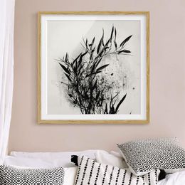 MICASIA - Bild mit Rahmen - Grafische Pflanzenwelt - Schwarzer Bambus Größe HxB: 50cm x 50cm, Rahmen: Eiche