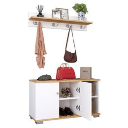 Vcm 2-tlg. Holz Sitzbank Schuhschrank Schuhregal Garderobe Dielenmöbel Gados L (Farbe: Weiß / Honig-Eiche)