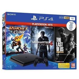 Sony PlayStation 4 Slim 500GB - Schwarz + The Last of Us Remastered + Ratchet & Clank + Uncharted 4 A Thief's End