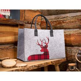 Filztasche Hirsch grau mit rot-schwarz kariertem Motiv, Einkaufstasche, Shopper