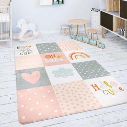 Paco Home - Kinderteppich Teppich Kinderzimmer Spielmatte Rauten Sterne Grau Rosa Weiß 80 cm Rund