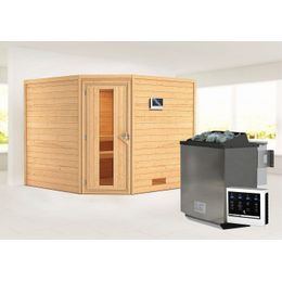 Karibu Sauna "Leona" mit Energiespartür Ofen 9 kW Bio externe Strg modern, BxTxH: 231 x 231 x 198 cm, 38 mm, aus hochwertiger nordischer Fichte, beige
