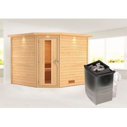 Karibu Sauna "Leona" mit Kranz und Energiespartür Ofen 9 kW integr. Strg, BxTxH: 259 x 245 x 202 cm, 38 mm, aus hochwertiger nordischer Fichte, beige