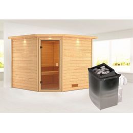 Karibu Sauna "Leona" mit Kranz und bronzierter Tür Ofen 9 kW integr. Strg, BxTxH: 259 x 245 x 202 cm, 38 mm, aus hochwertiger nordischer Fichte, beige