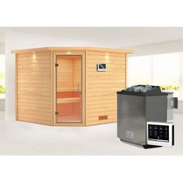 Karibu Sauna "Leona" mit Klarglastür und Kranz Ofen 9 kW Bio externe Strg modern, BxTxH: 259 x 245 x 202 cm, 38 mm, aus hochwertiger nordischer Fichte, beige