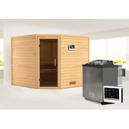 Karibu Sauna "Leona" mit graphitfarbener Tür Ofen 9 kW Bio externe Strg modern, BxTxH: 231 x 231 x 198 cm, 38 mm, aus hochwertiger nordischer Fichte, beige