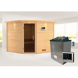 Karibu Sauna "Leona" mit Kranz und graphitfarbener Tür Ofen 9 KW externe Strg, BxTxH: 259 x 245 x 202 cm, 38 mm, aus hochwertiger nordischer Fichte, beige