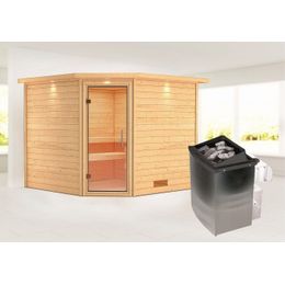 Karibu Sauna "Leona" mit Klarglastür und Kranz Ofen 9 kW integr. Strg, BxTxH: 259 x 245 x 202 cm, 38 mm, aus hochwertiger nordischer Fichte, beige