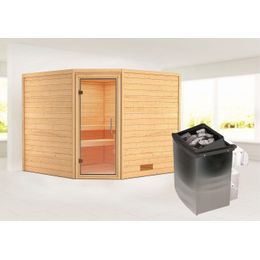 Karibu Sauna "Leona" mit Klarglastür 2 Ofen 9 kW integr. Strg, BxTxH: 231 x 231 x 198 cm, 38 mm, aus hochwertiger nordischer Fichte, beige