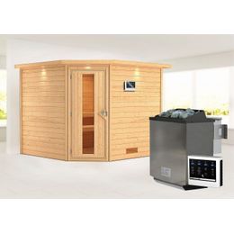 Karibu Sauna "Leona" mit Kranz und Energiespartür Ofen 9 kW Bio externe Strg modern, BxTxH: 259 x 245 x 202 cm, 38 mm, aus hochwertiger nordischer Fichte, beige
