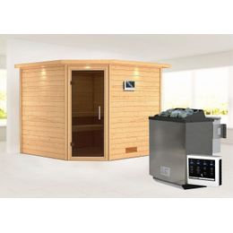 Karibu Sauna "Leona" mit Kranz und graphitfarbener Tür Ofen 9 kW Bio externe Strg, BxTxH: 259 x 245 x 202 cm, 38 mm, aus hochwertiger nordischer Fichte, beige